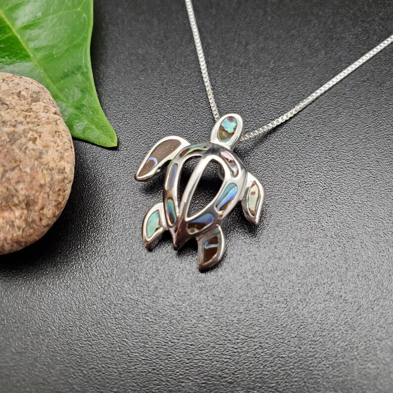 EMV #22 Dainty Abalone Inlay Sea Turtle Necklace Pendant With Silver ...