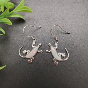 EMV #120 | White Opal Lizard Earrings | White Opal Gecko Dangle ...