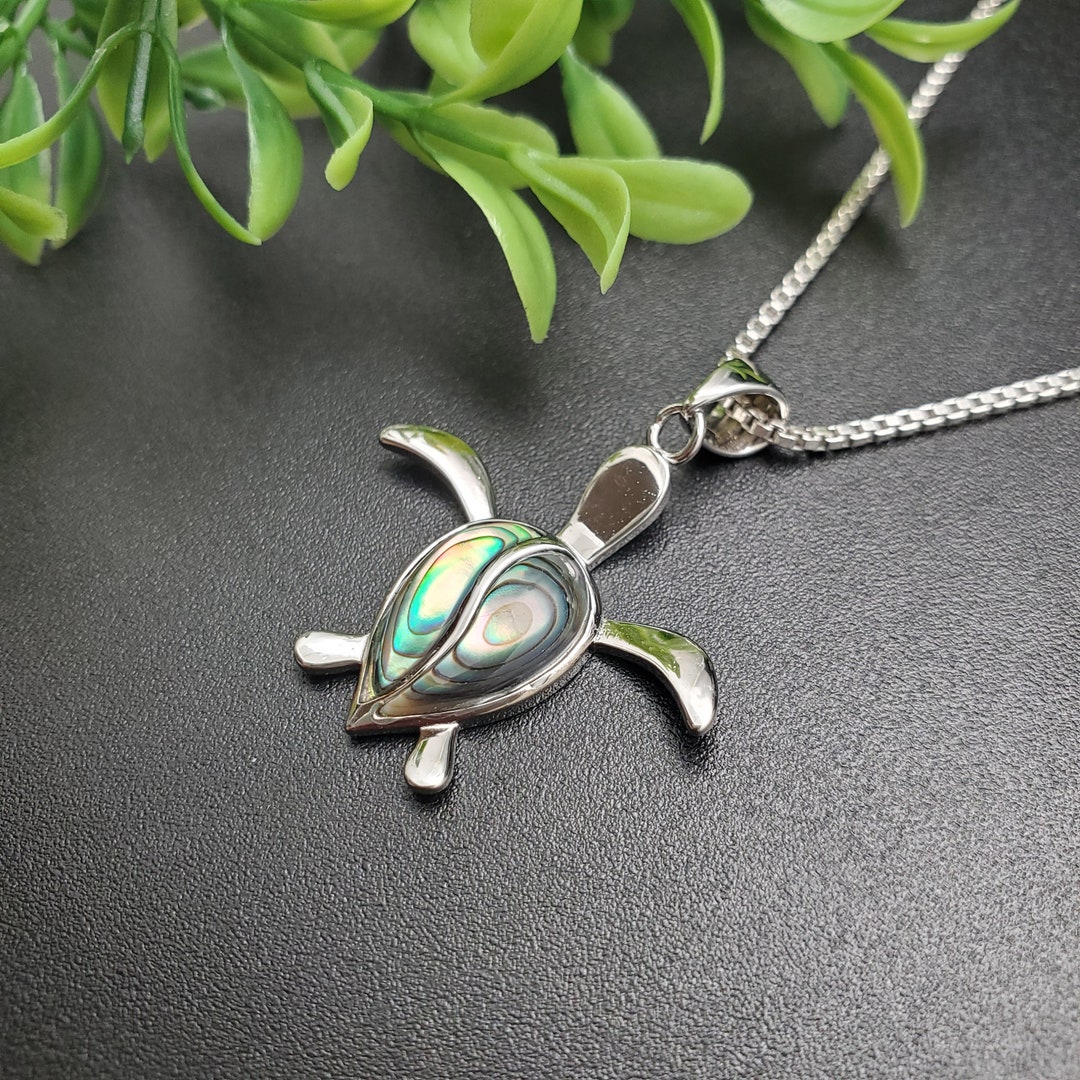 EMV #90 Dainty Abalone Inlay Sea Turtle Necklace Pendant With Silver ...