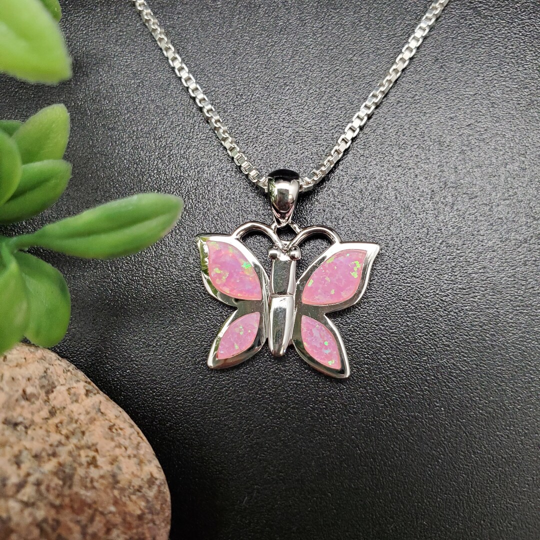 TULU #102 | Dainty Pink Opal Butterfly Pendant | Sterling Silver Fire Pink Inlay Butterfly ...