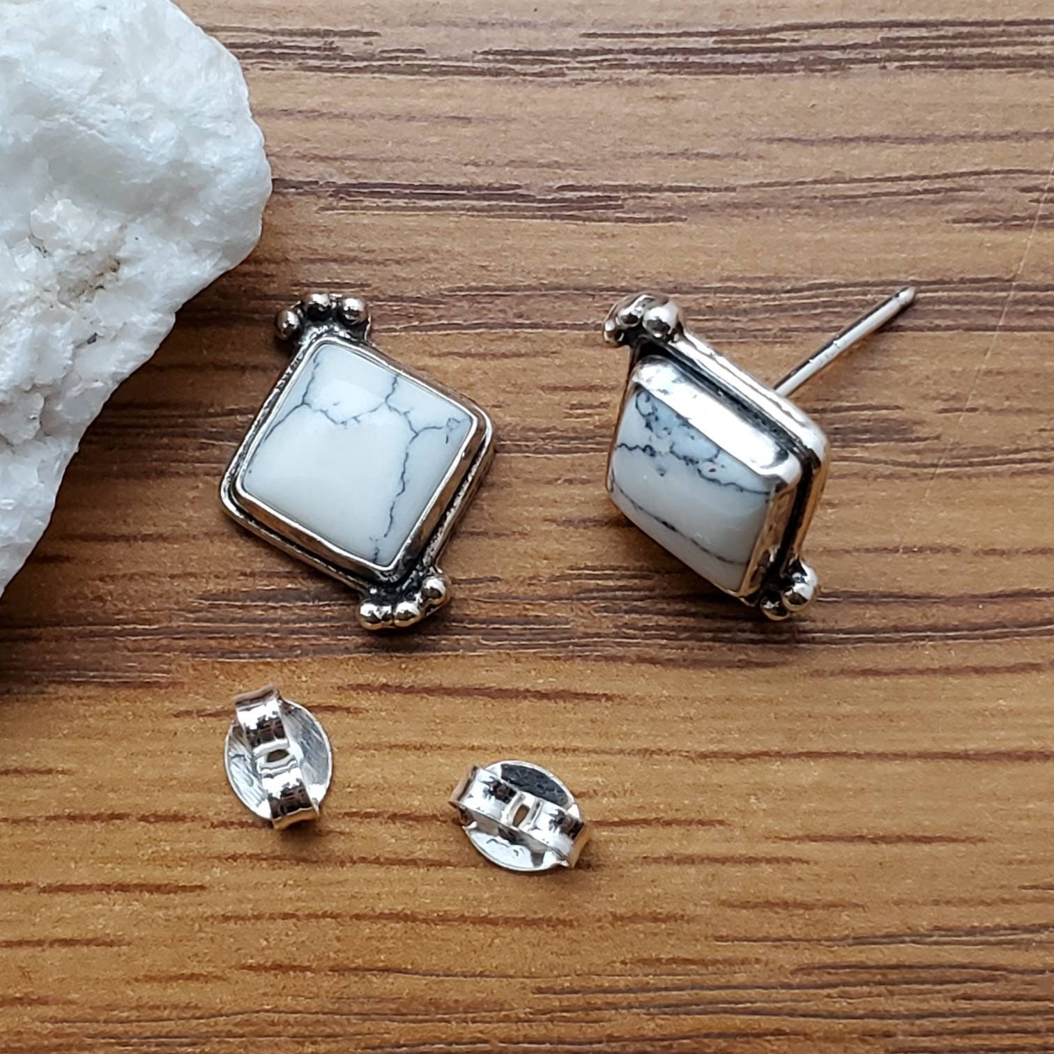925forher Square White Buffalo Turquoise Post Earrings | White ...