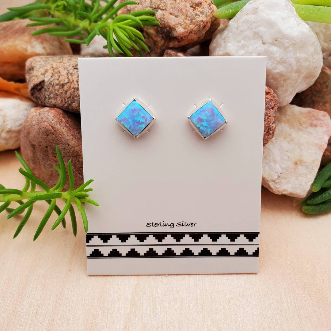 925forher 6mm Square Blue Opal Studs | Sterling Silver | Fire Blue Opal ...