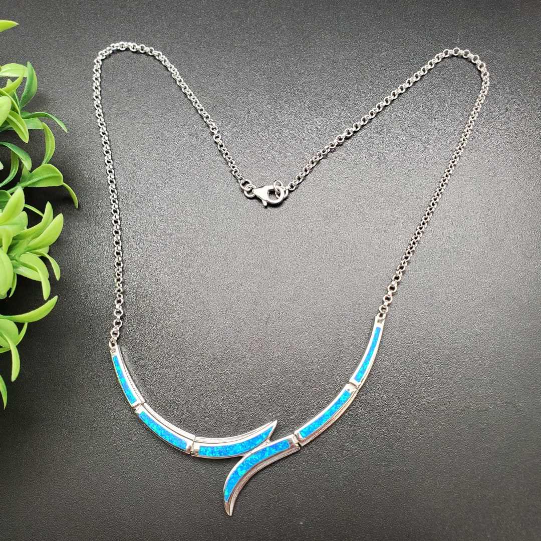 PLNT#354 | Inlay Fire Blue Opal Pendant Necklace 18 Inches | Sterling ...
