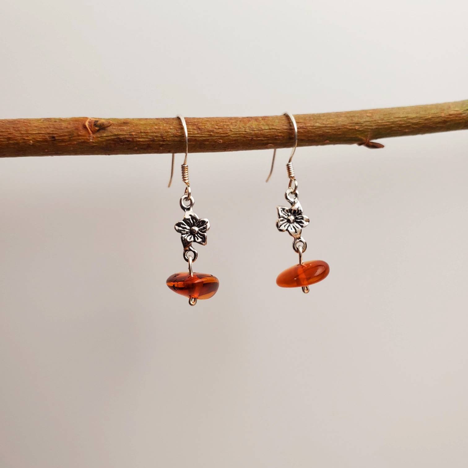 925forher Tiny Flower Amber Earrings | Sterling Silver Dangle Earrings ...