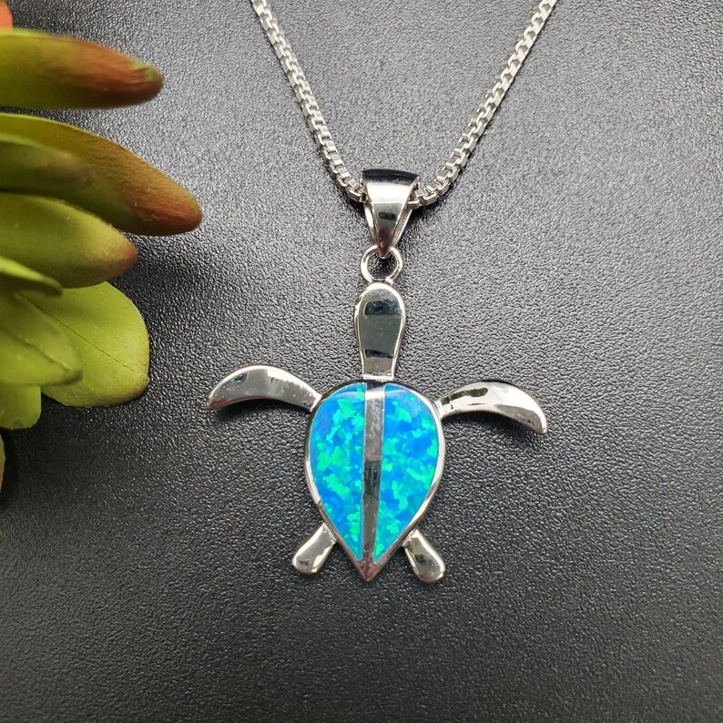 EMV #91 Dainty Blue Opal Inlay Sea Turtle Necklace Pendant With Silver ...