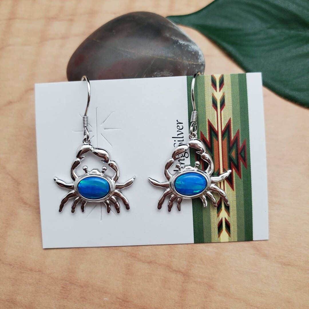 EMV #101 | Small Blue Opal Inlay Crab Dangle Earrings | Sterling Silver ...