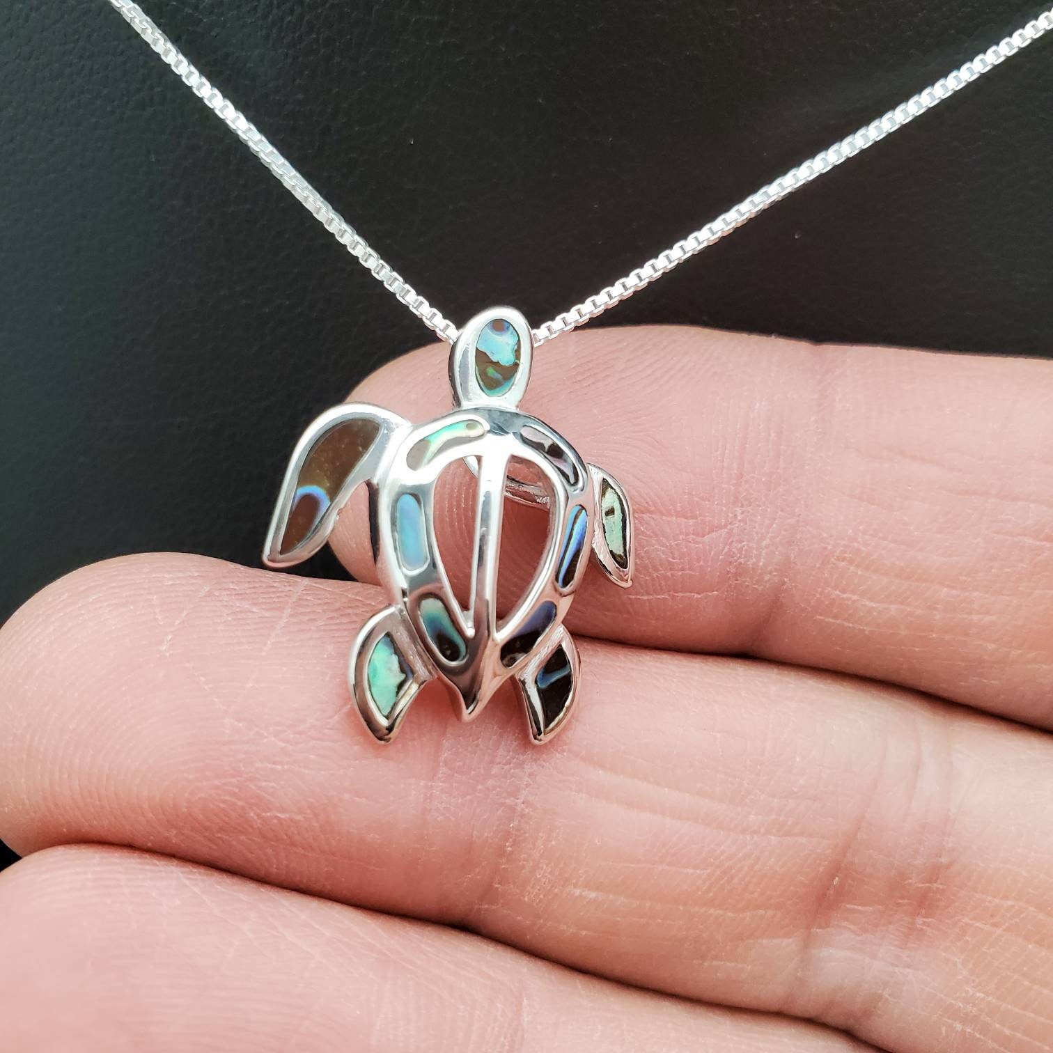 EMV #22 Dainty Abalone Inlay Sea Turtle Necklace Pendant With Silver ...