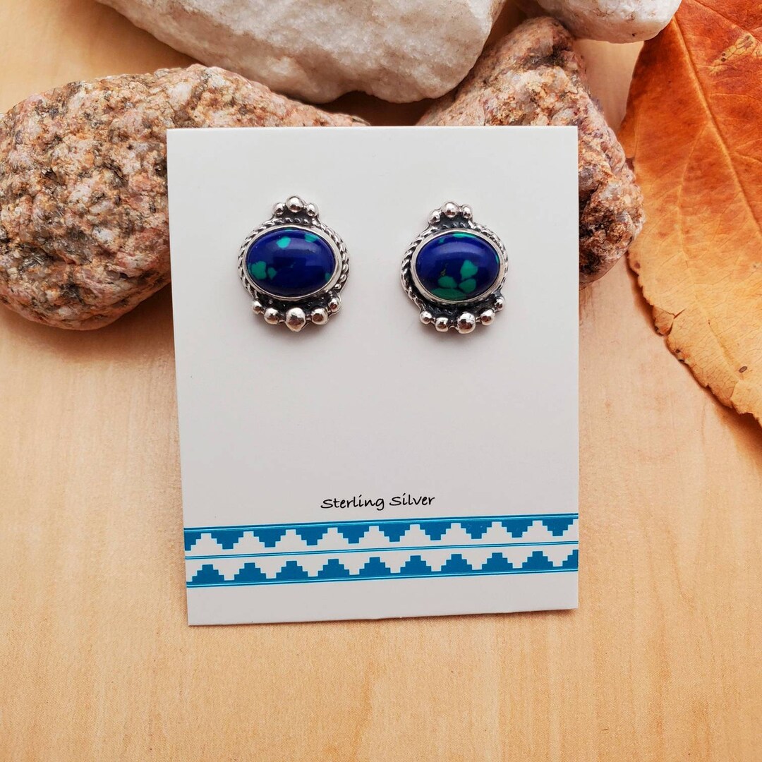 925forher Small Azurite Malachite Post Earrings | Sterling Silver ...