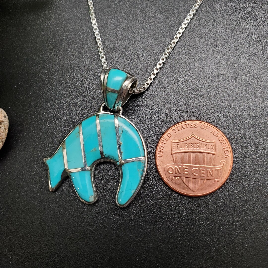 PLNT#319 | Blue Kingman Turquoise Inlay Bear Pendant Options A Silver ...