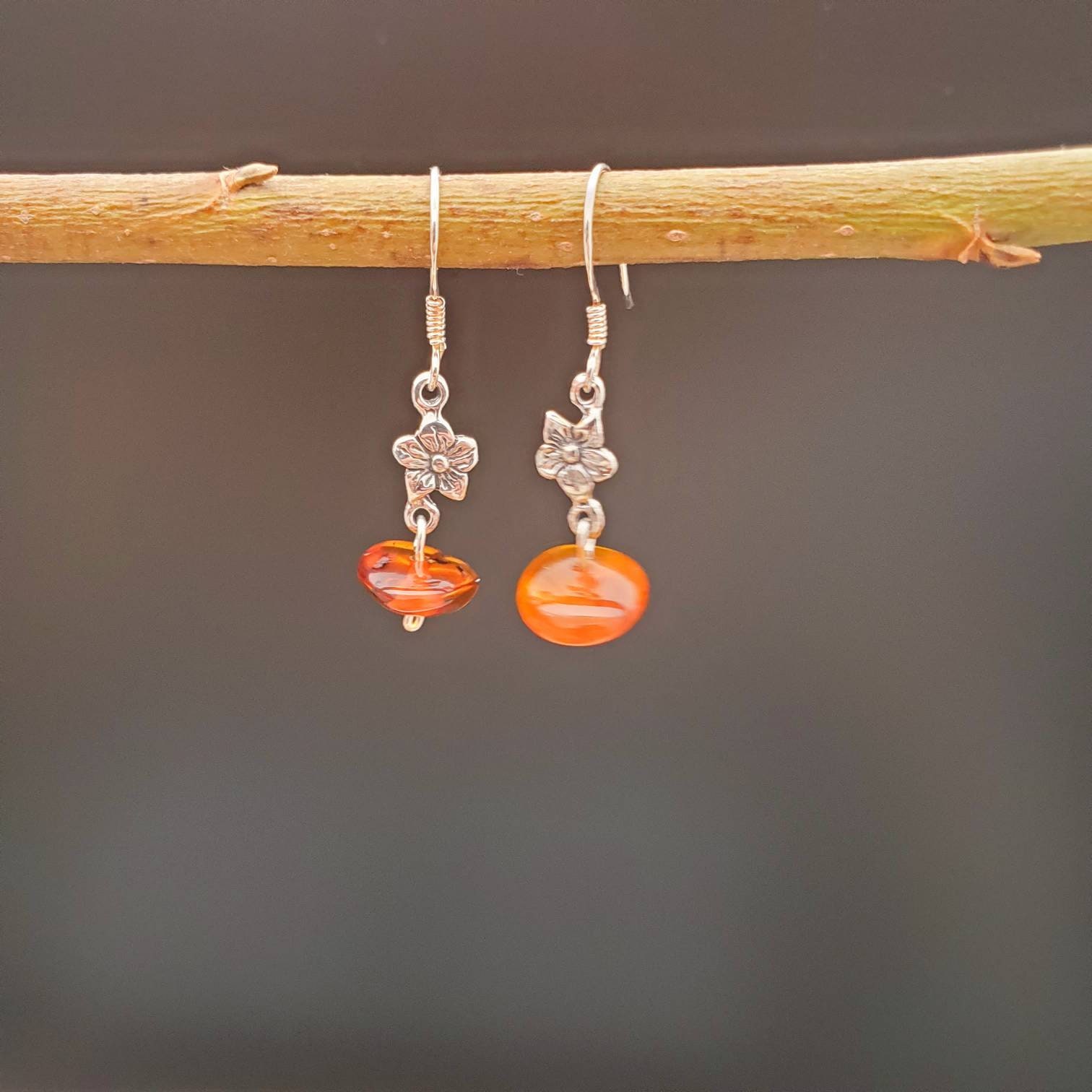 925forher Tiny Flower Amber Earrings | Sterling Silver Dangle Earrings ...
