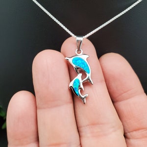 EMV #126 Dainty Blue Opal Inlay Dolphins Necklace Pendant With Silver ...