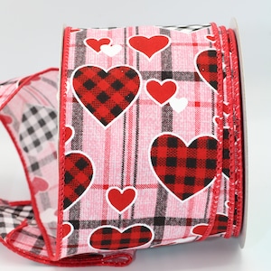 Check Heart Ribbon, 2.5”, Wired,valentine Ribbon, Red, Pink Linen With ...