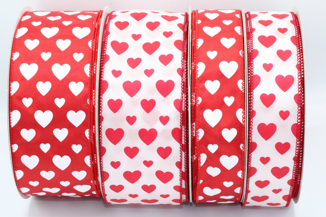 Open Hearted, 2.5”, 1.5”, Valentine Ribbon, Red Satin With White Hearts ...