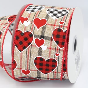 Check Heart Ribbon, 2.5”, Wired,valentine Ribbon, Red, Pink Linen With ...