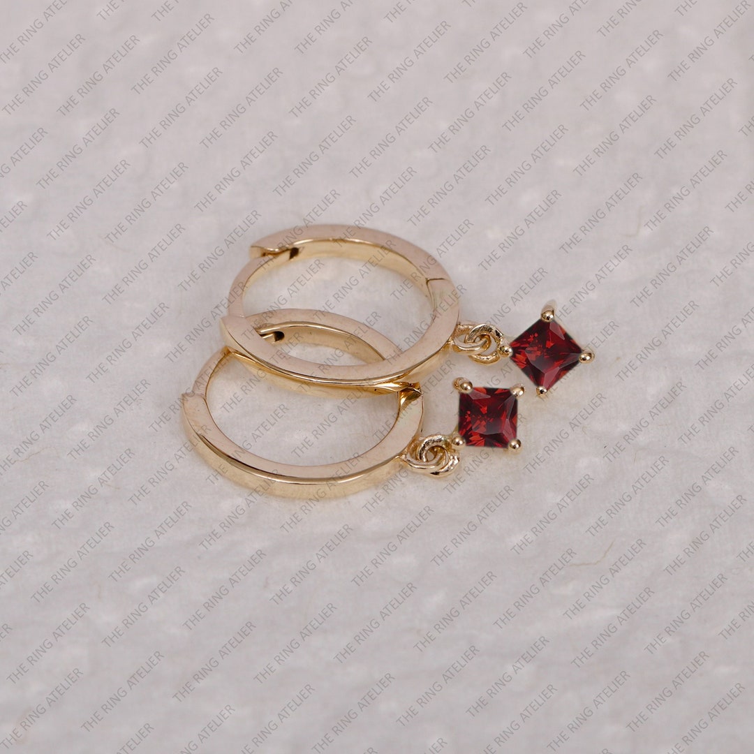 Solitaire Garnet Drop Huggie Hoops, Princess Cut Garnet Hoop Earrings ...