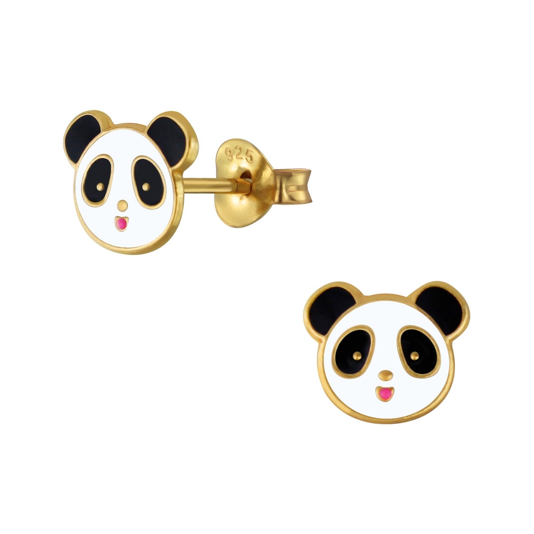 Panda Bear Stud Earrings, 14K Gold Over Sterling Silver, Enamel ...