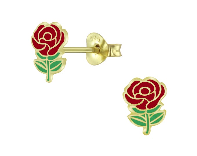 Cute Red Rose Stud Earrings, 14K Gold Over Sterling Silver / Hypoallergenic / Nickel and Lead ...