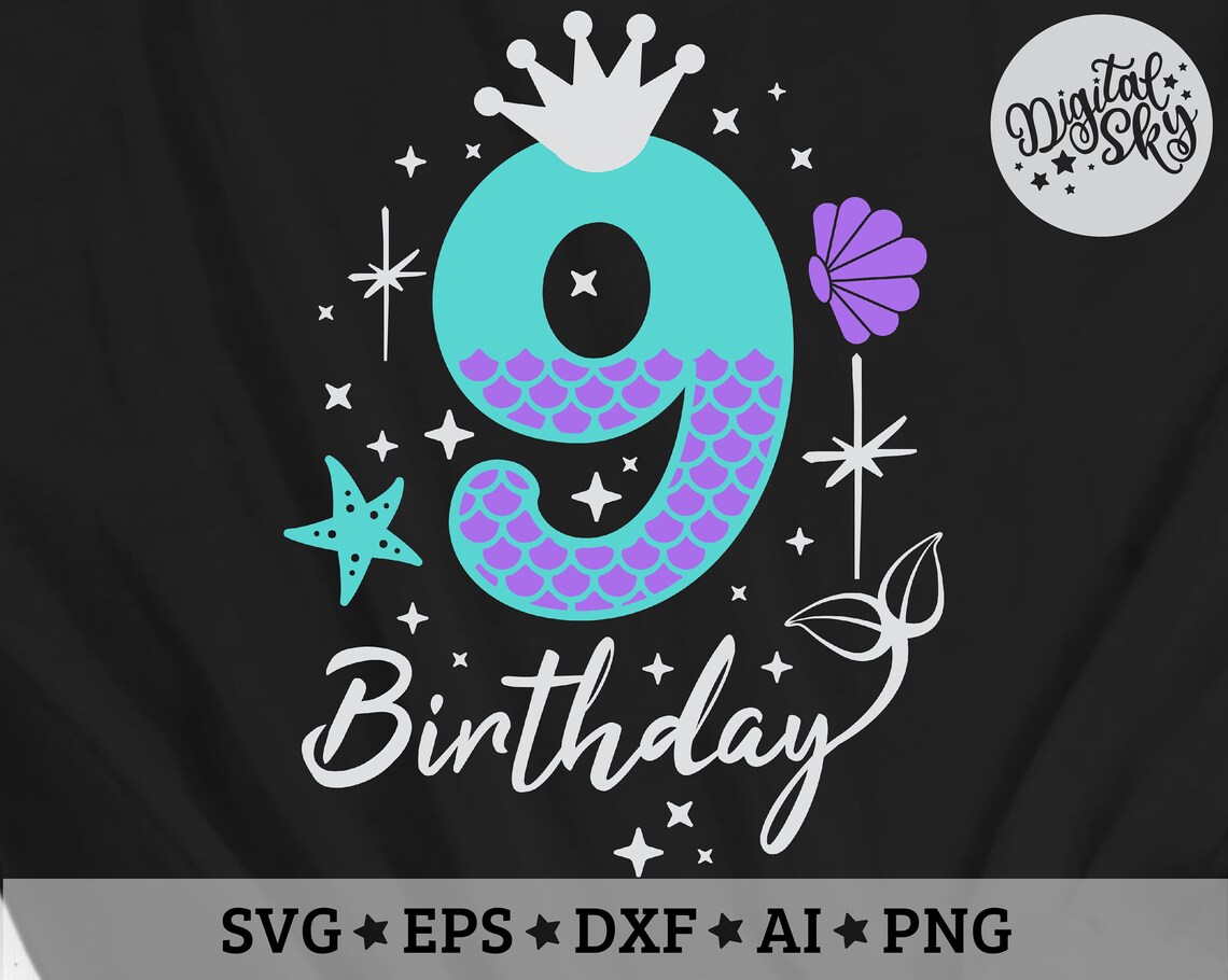 Mermaid 9th Birthday Svg Nine Mermaid Number Svg | Etsy