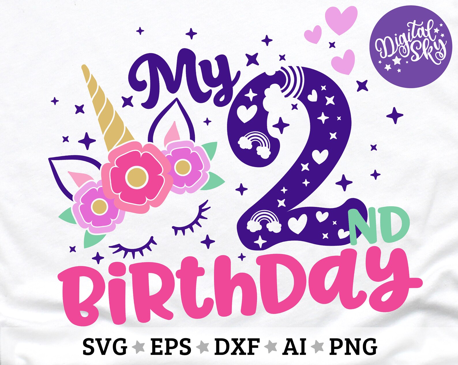 Unicorn Two Birthday Svg Second Birthday Svg Unicorn 2nd - Etsy