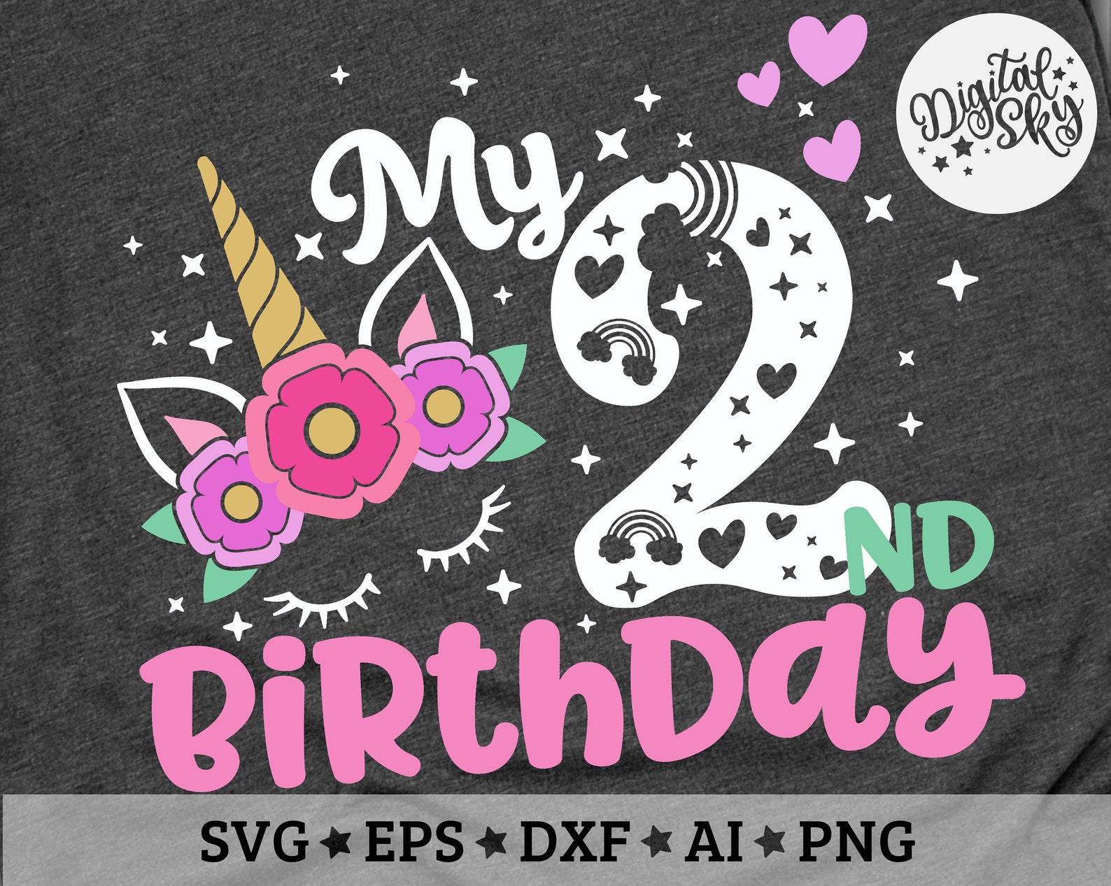 Unicorn Two Birthday Svg Second Birthday Svg Unicorn 2nd | Etsy