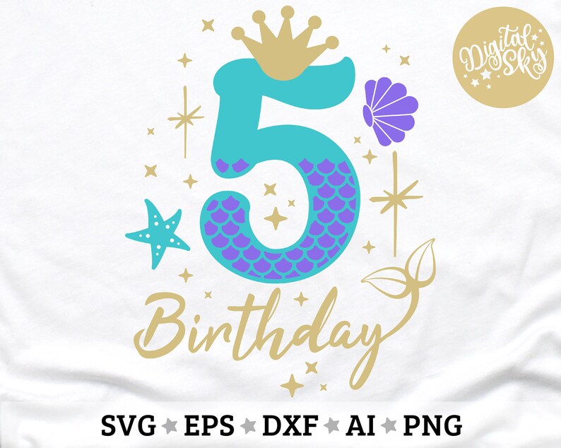 Mermaid 5th Birthday Svg Five Mermaid Number Svg - Etsy