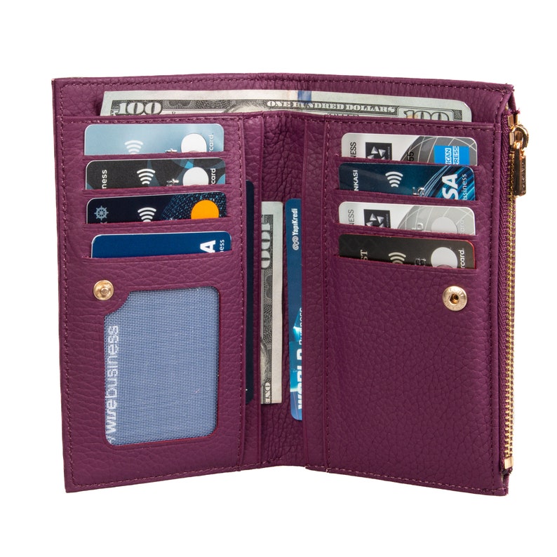 Purple Leather Bifold Wallet: Ladies Minimalist Zippered Purse - Etsy