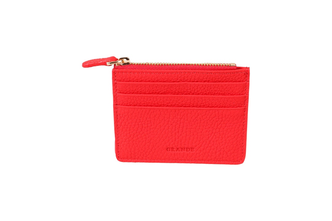 Red Leather Slim Zippered Card Holder, Woman Leather Card Case, Men ...