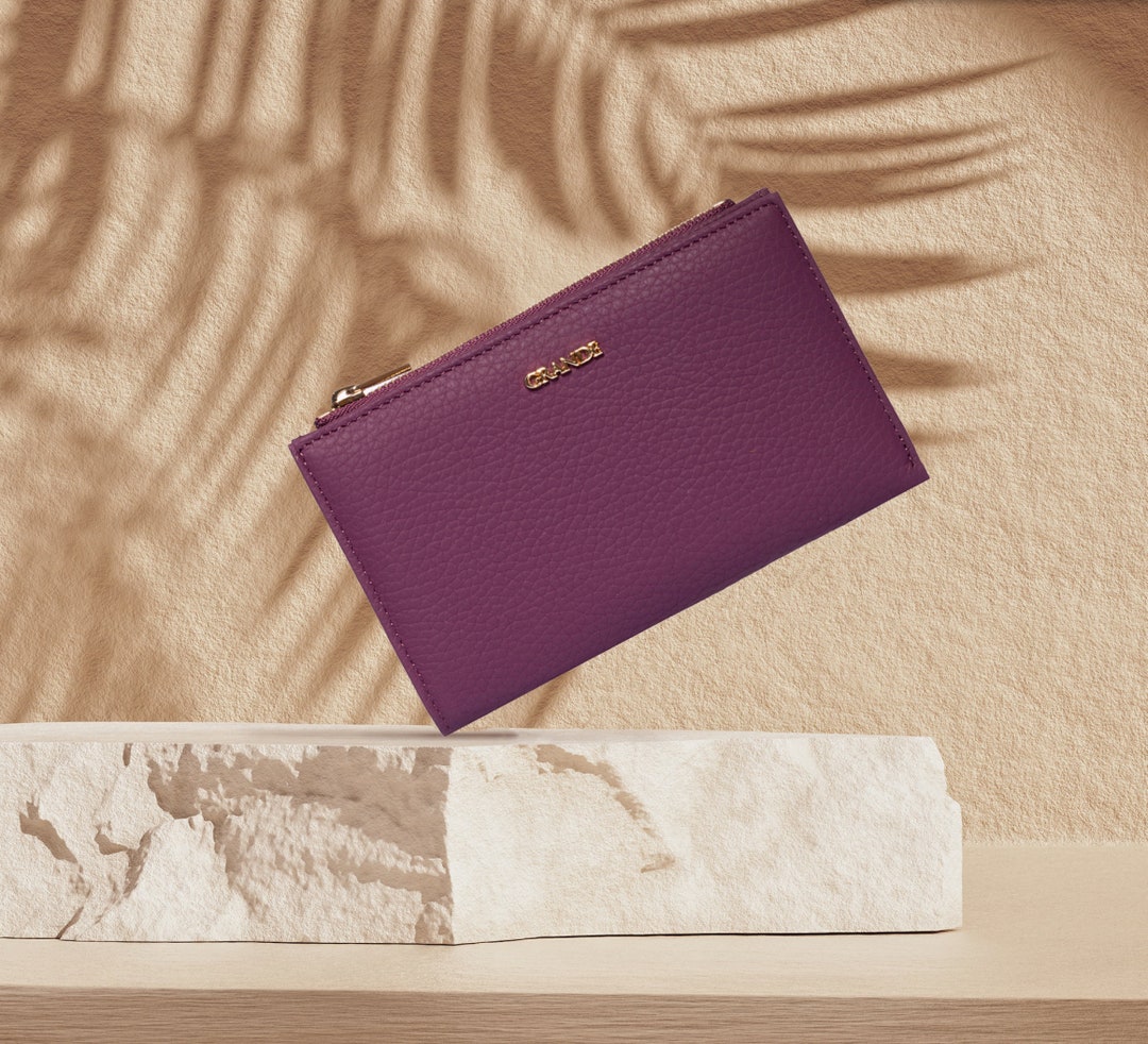 Purple Leather Bifold Wallet: Ladies Minimalist Zippered Purse - Etsy
