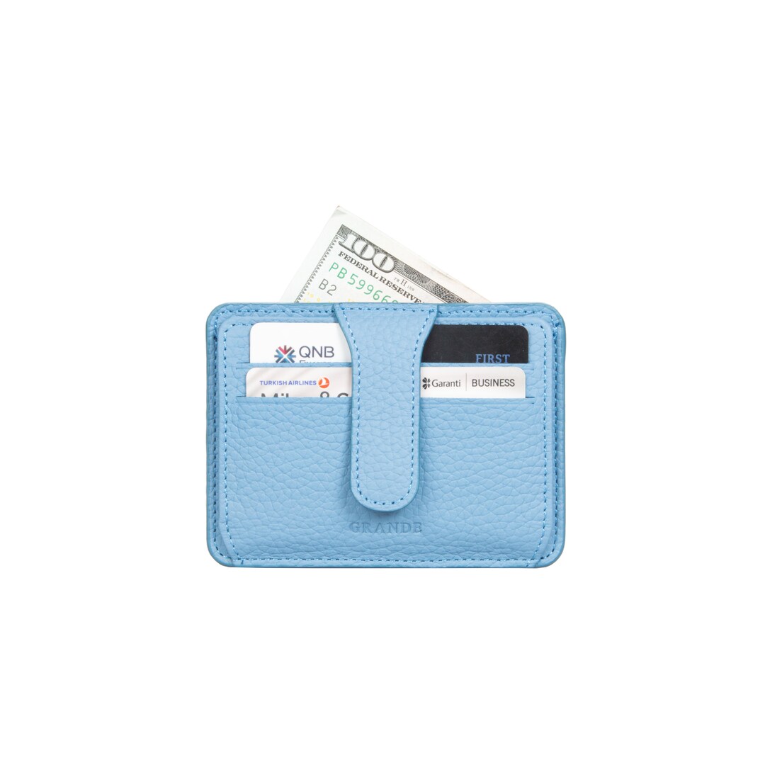 Iced Blue Leather Slim Snap Card Holder, Woman Leather Card Case, Men ...