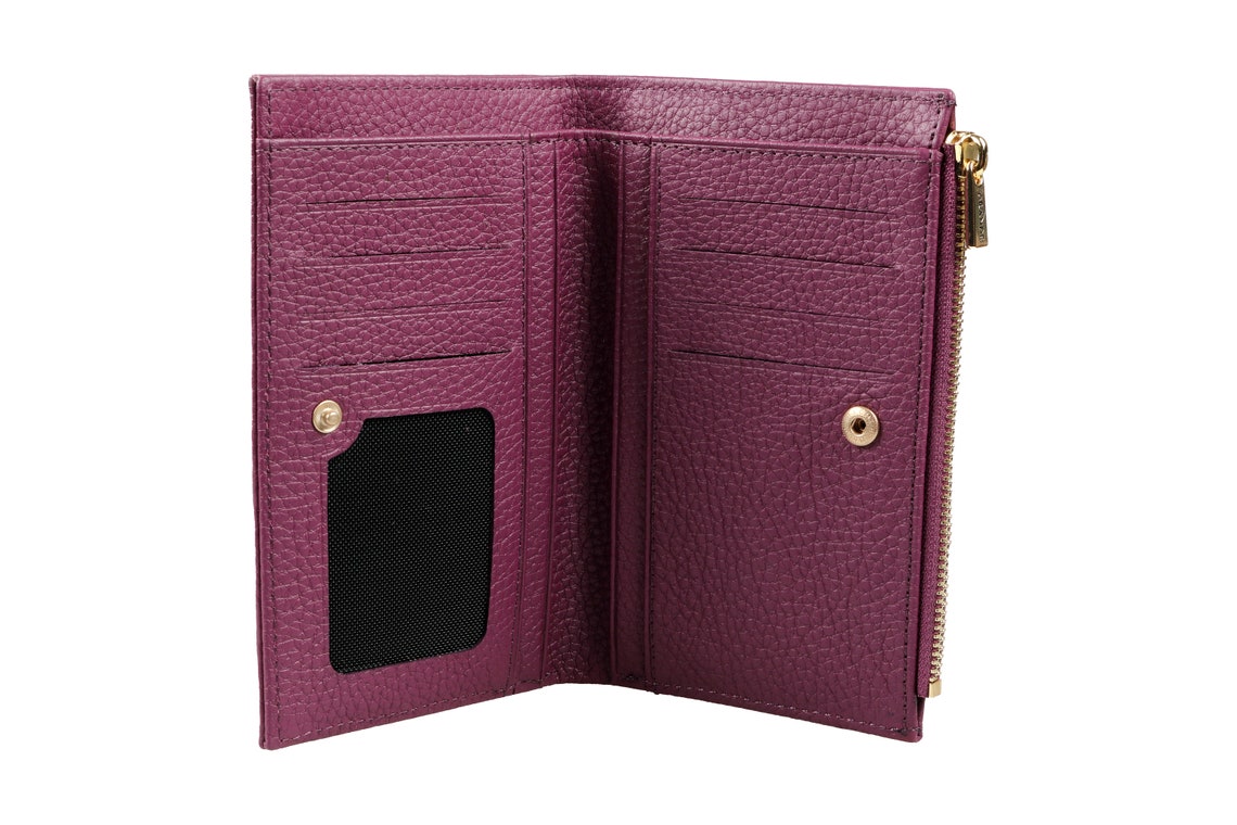 Purple Leather Bifold Wallet: Ladies Minimalist Zippered Purse - Etsy