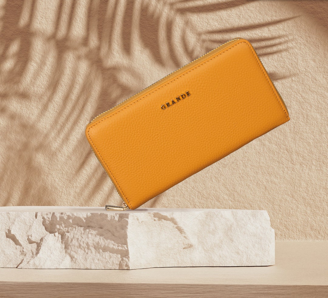 Yellow Leather Continental Zip Around Wallet, Woman Leather Card Case ...