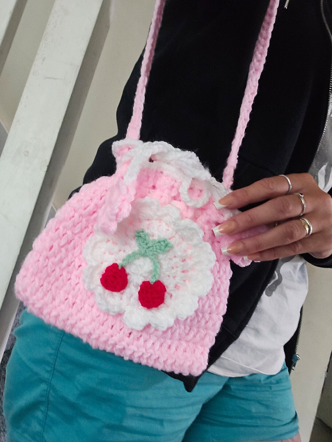Crochet Pink and White Pouch Cherry Fruit Drawstring Bag 8 Inches X 9 ...