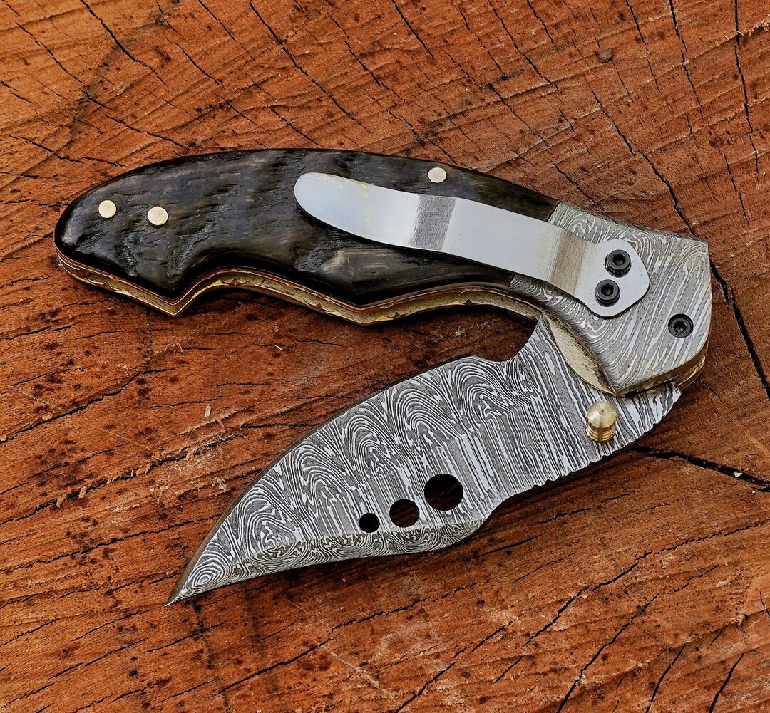Hand Forged Damascus Steel Pocket Knife, Black Horn Handle, Groomsman Birthday & Anniversary ...
