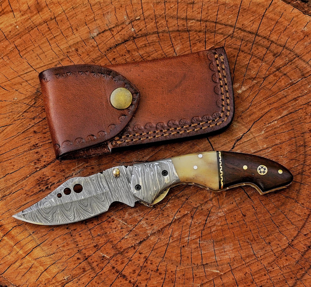 Handmade Damascus Steel Pocket Knife – Rosewood & Camel Bone Handle - Etsy