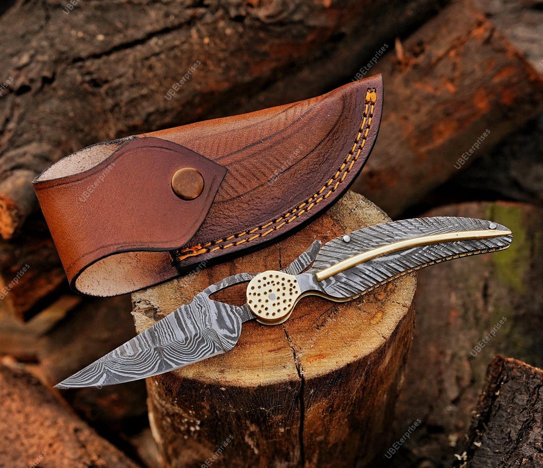 Hand Forged Damascus Pocket Knife, Leaf-shaped Blade, Leather Sheath ...