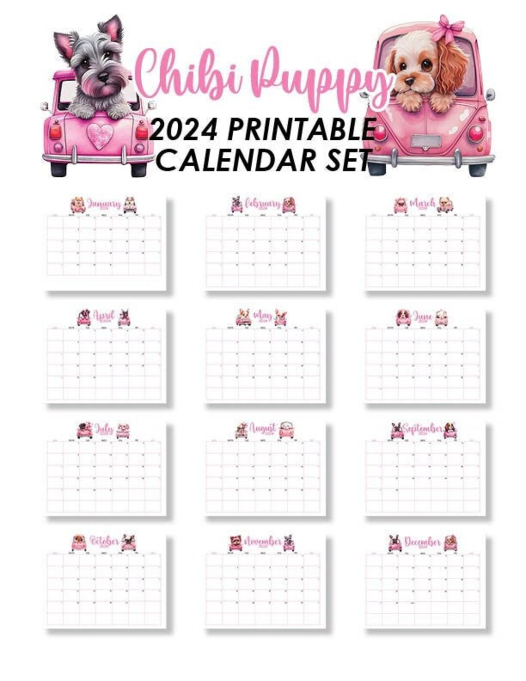 2024 Printable DATED Calendar - Chibi Puppy Theme - Etsy