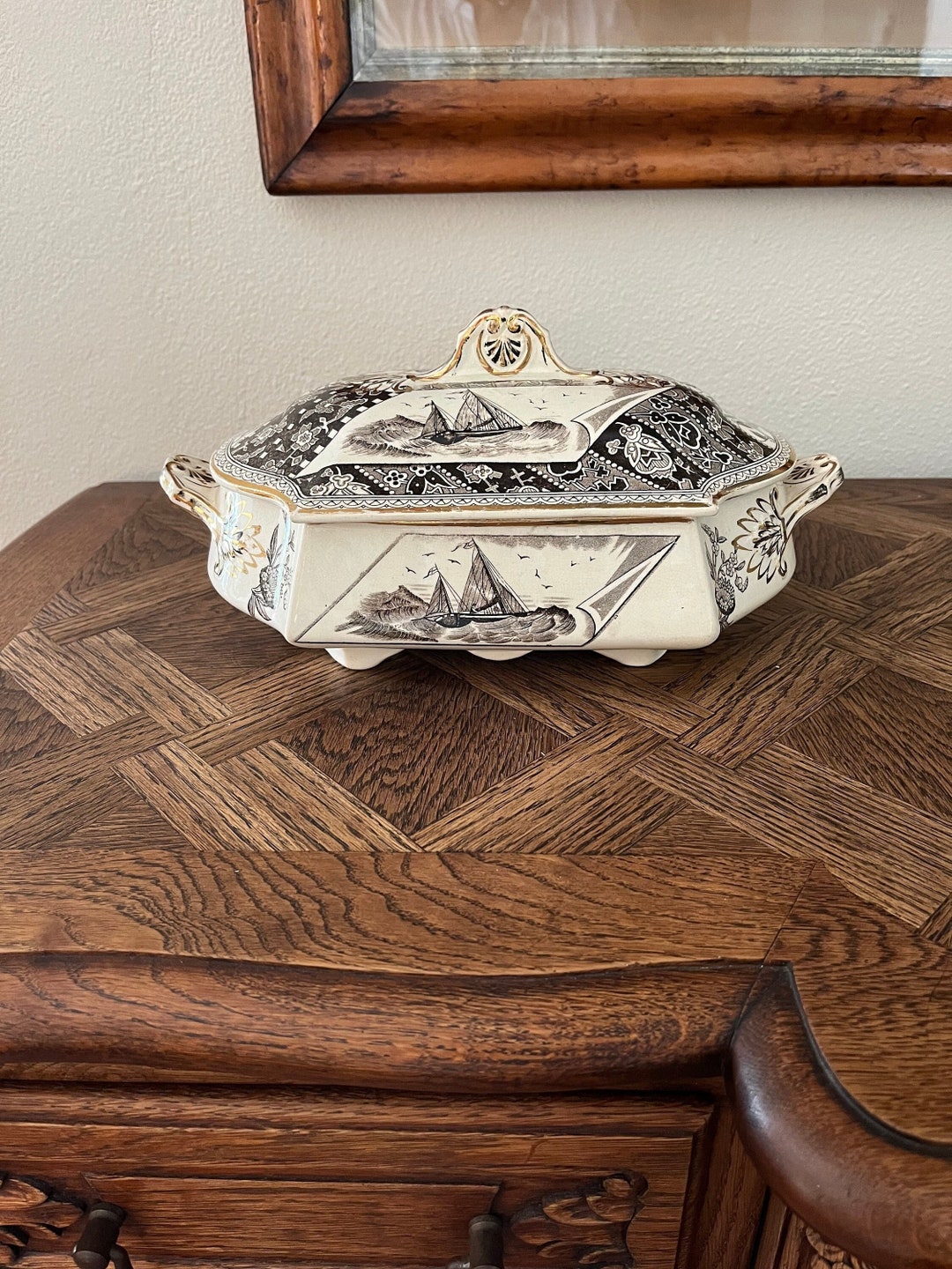 Exquisite Antique Nautical Aesthetic Movement Transferware. Brown and ...