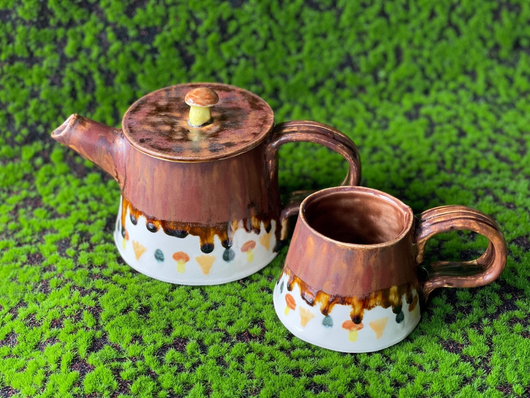 Mushroom Pattern, Personal Sized Tea Set, Teapot and Mug, Handmade ...
