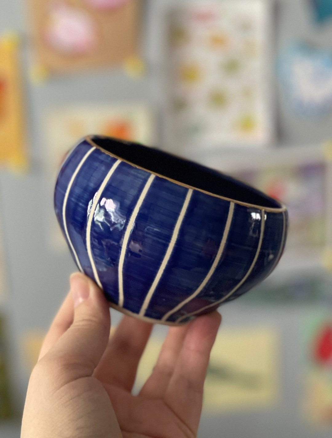 Stripped Blue Bowl With Gold Rim, Handmade Ceramic, 12oz ready to Ship ...