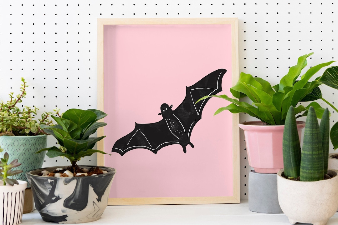 Cute Spooky Bat Printable, Pastel Pink Halloween Grunge Wall Decor ...