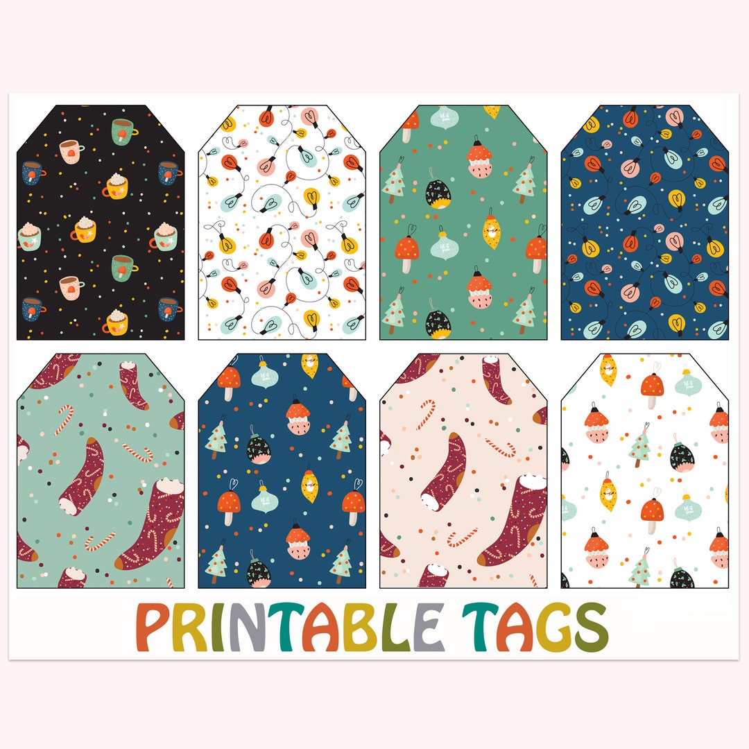 Printable Christmas Gift Tags 2x3, Retro Style Party Favor Hang Tags ...