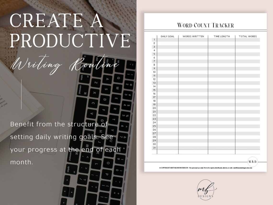 Word Count Tracker Writing Worksheet Word Count Goals | Etsy