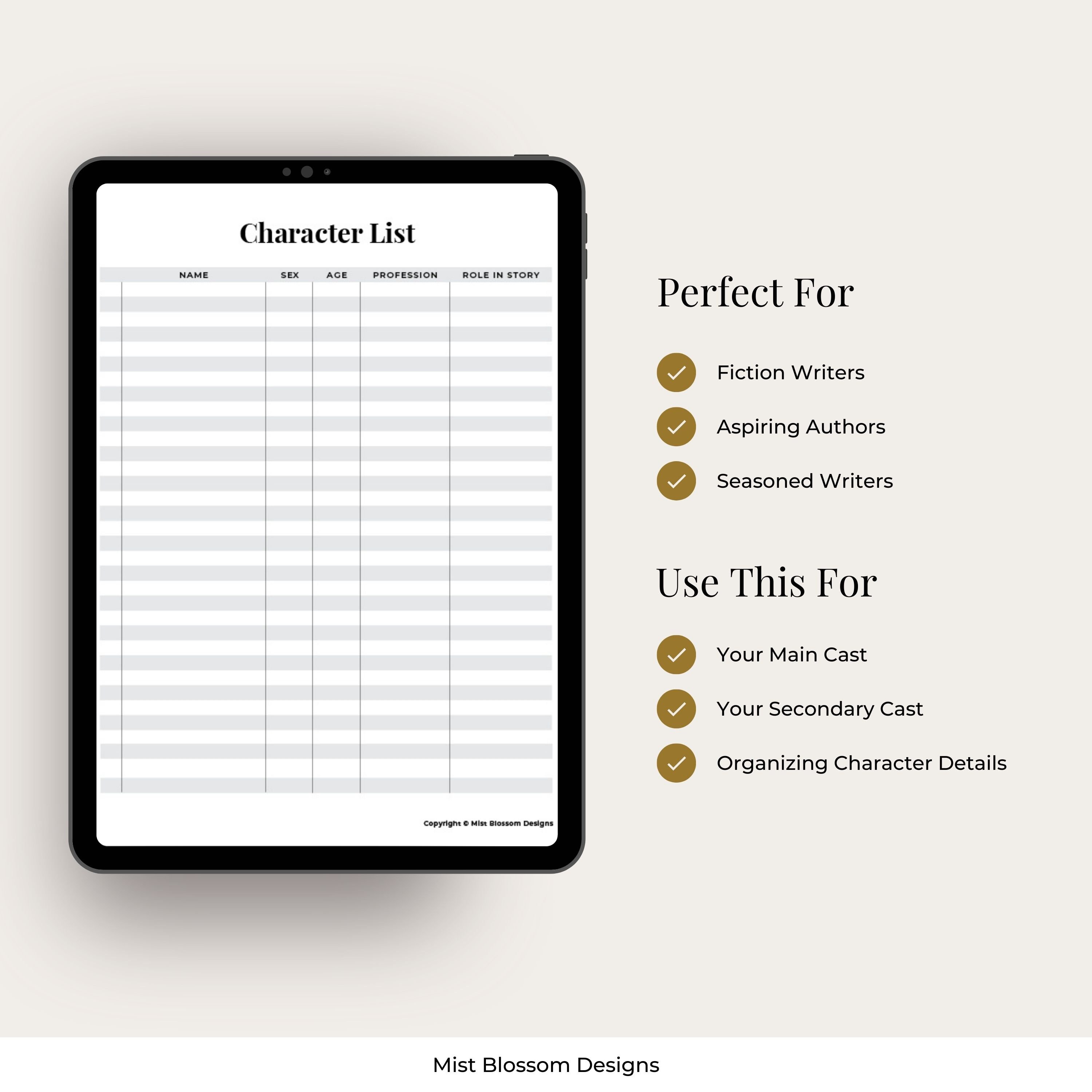 Character List Novel Template Character Reference Sheet - Etsy