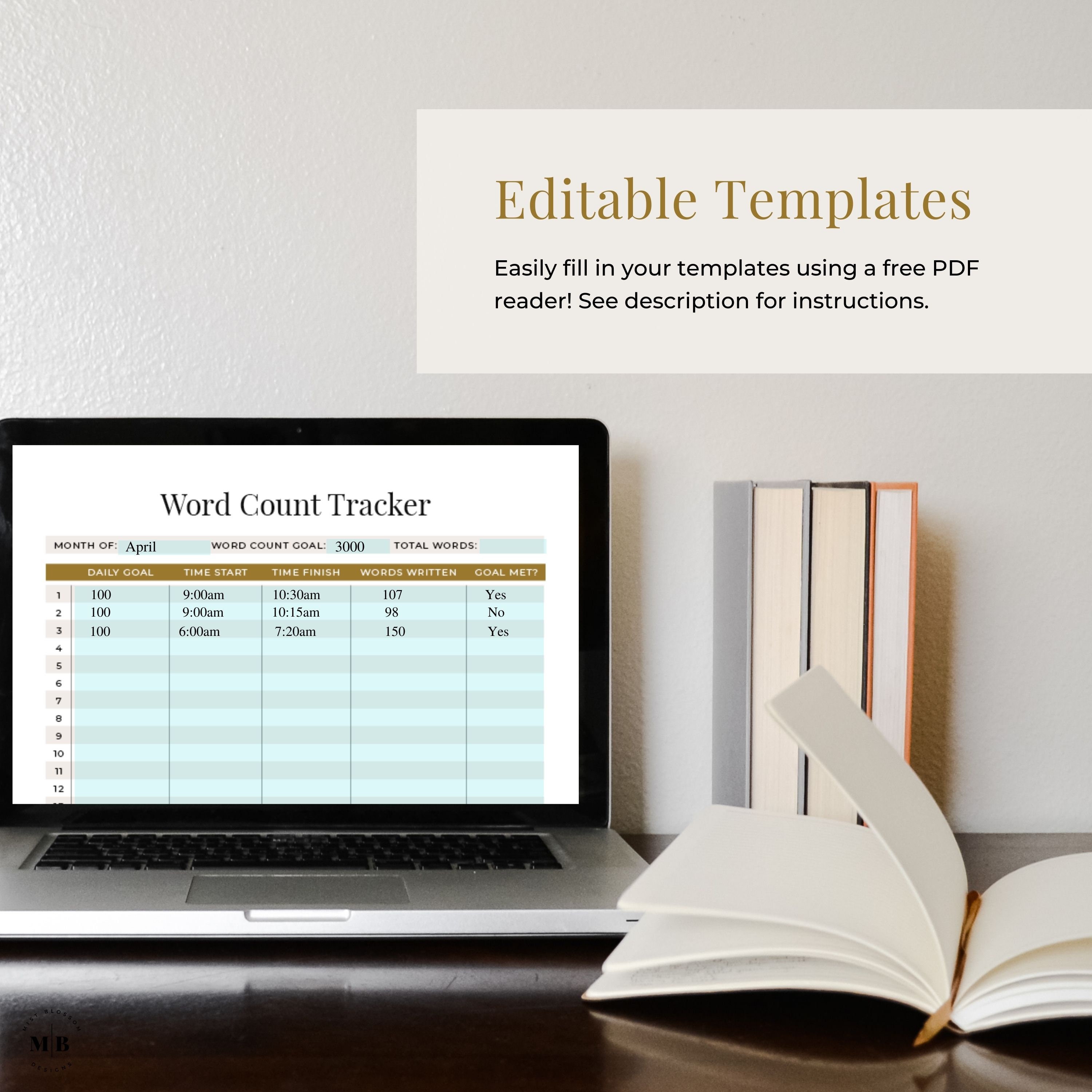 Word Count Tracker for Writers, Daily and Monthly Word Count Tracker ...