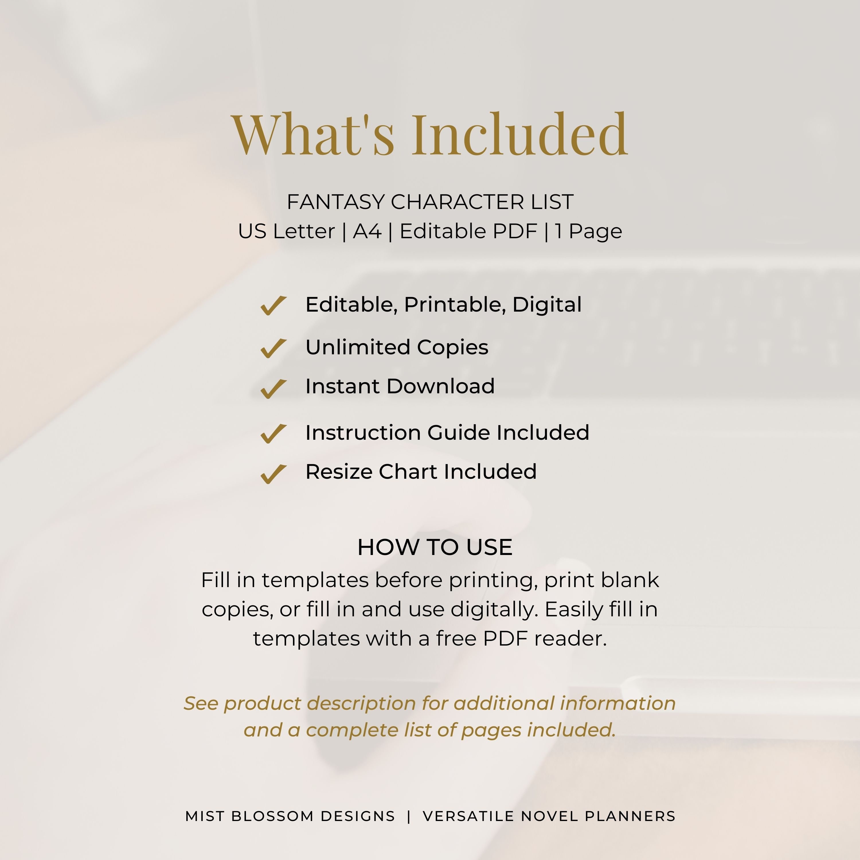 Fantasy Character List Novel Template, Character Worksheet for Novel ...