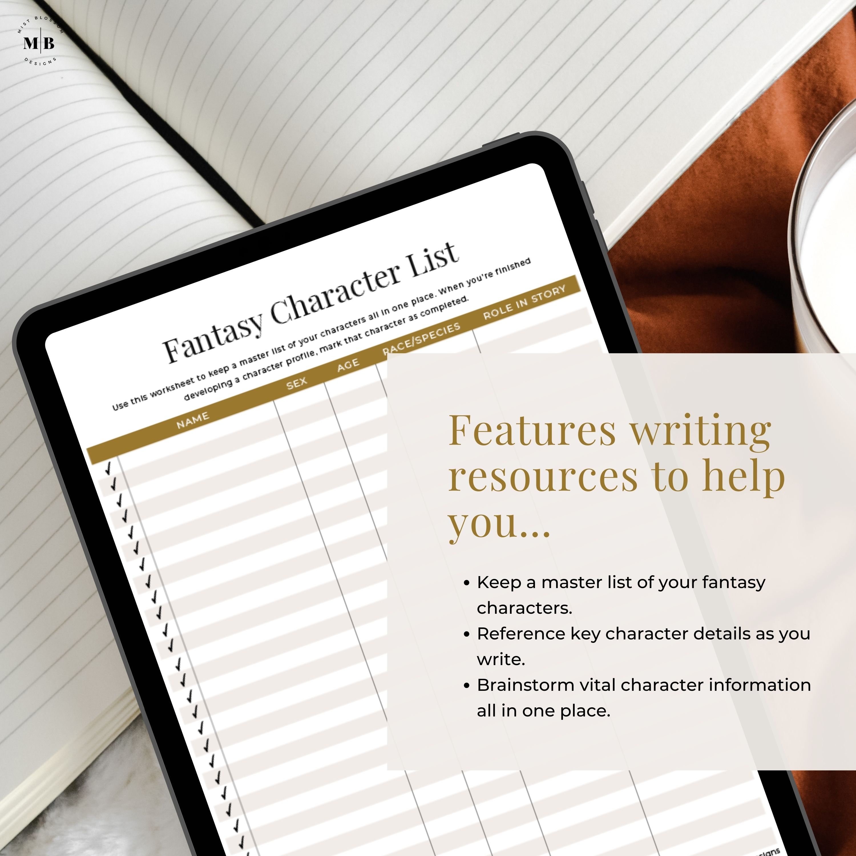 Fantasy Character List Novel Template, Character Worksheet for Novel ...