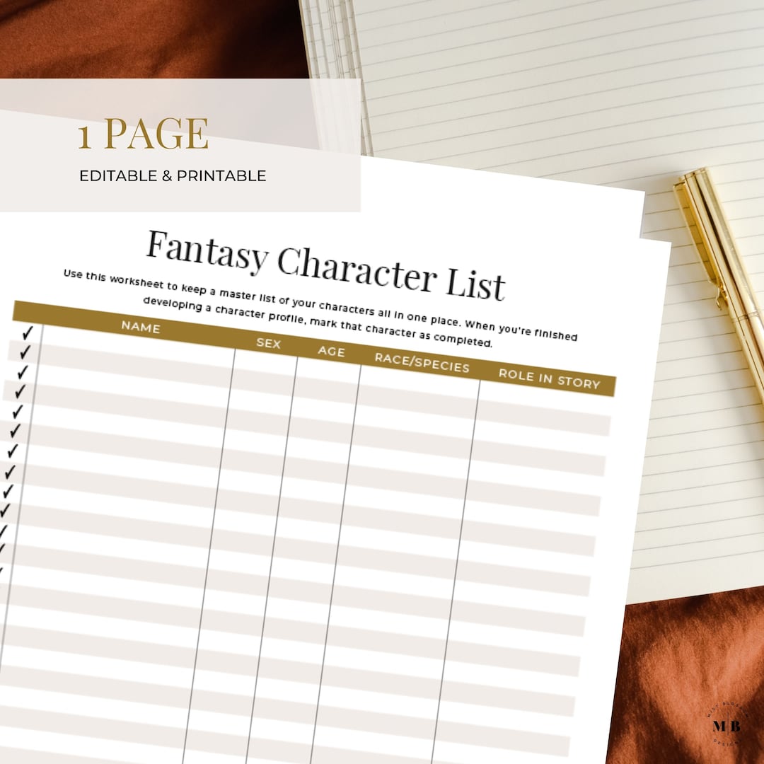 Fantasy Character List Novel Template, Character Worksheet for Novel ...