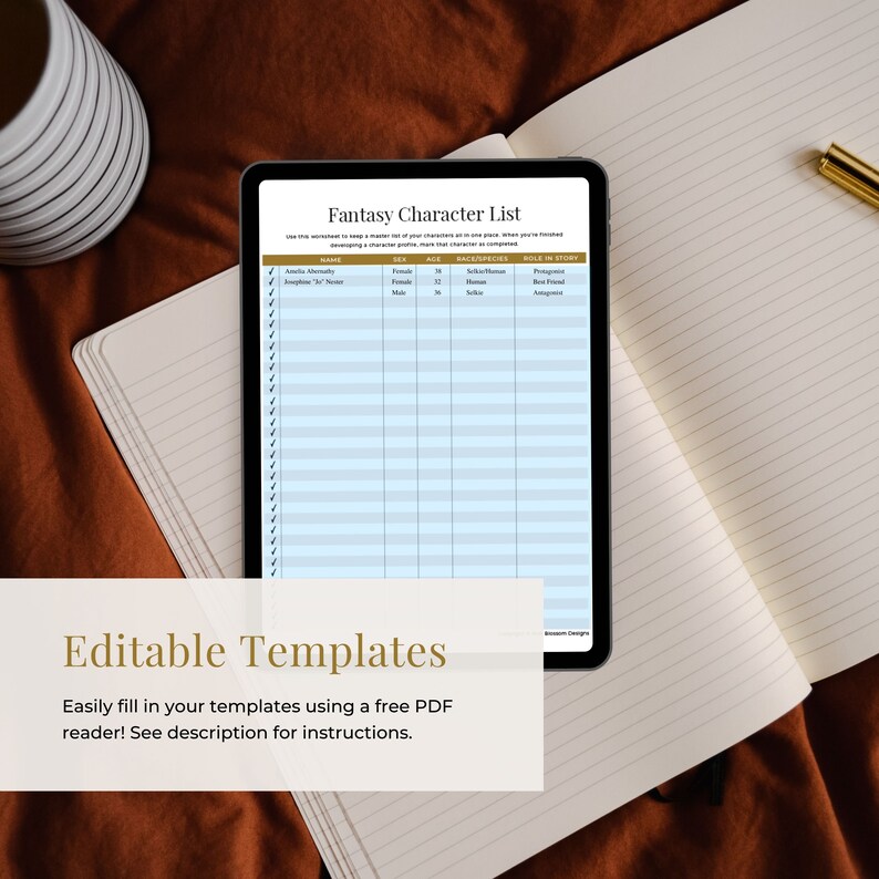 Fantasy Character List Novel Template, Character Worksheet for Novel ...