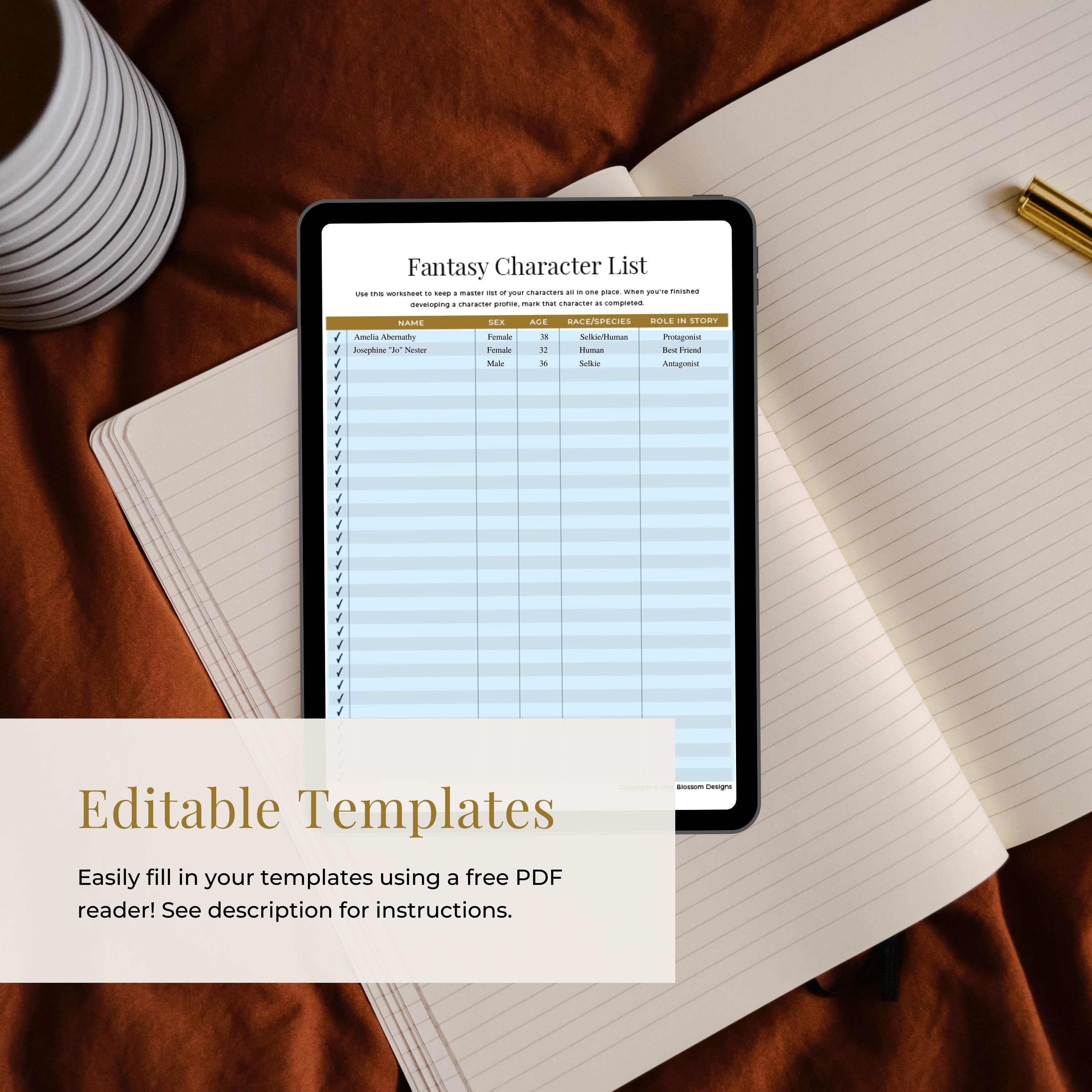Fantasy Character List Novel Template, Character Worksheet for Novel ...