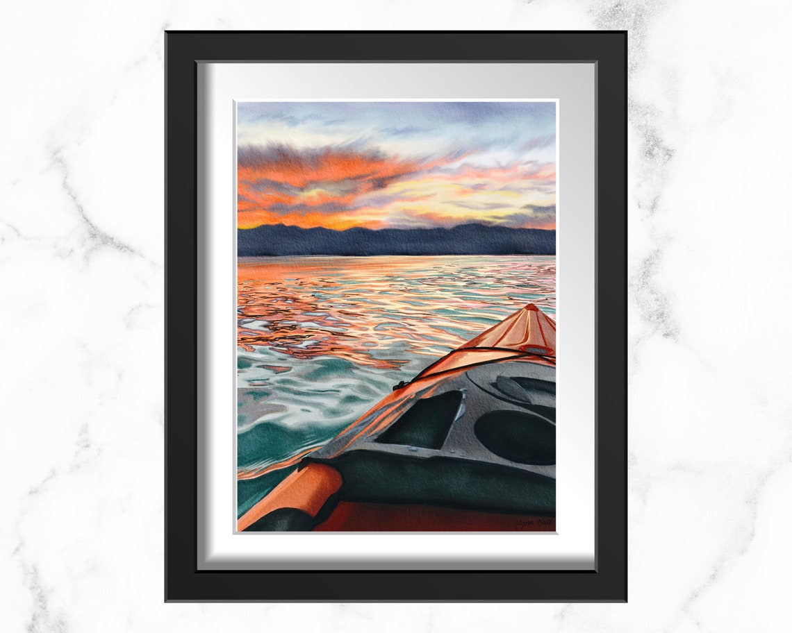 Sunset Kayak Lake Watercolor Art Print, Lake Watercolor Painting, Kayak ...